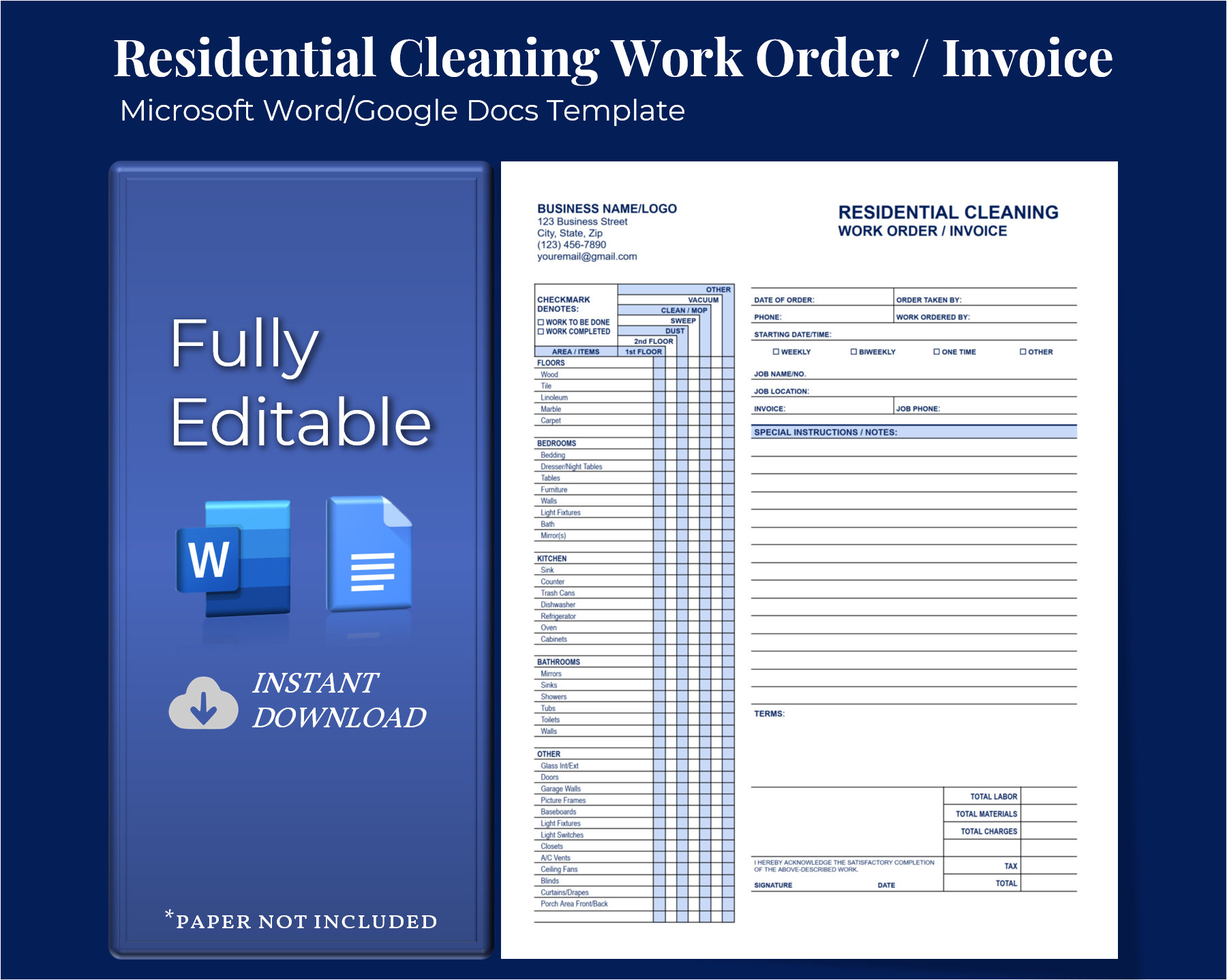 Residential Cleaning WORK ORDER / INVOICE, Cleaning Service Business ...