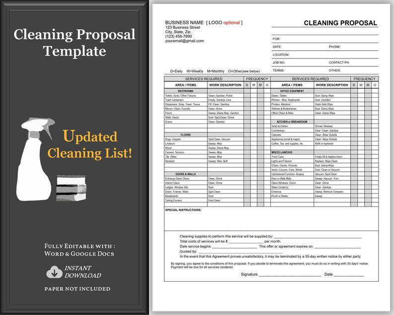 Cleaning Proposal Template, Cleaning Checklist, Cleaning Contract, Cleaning Service Estimate ...
