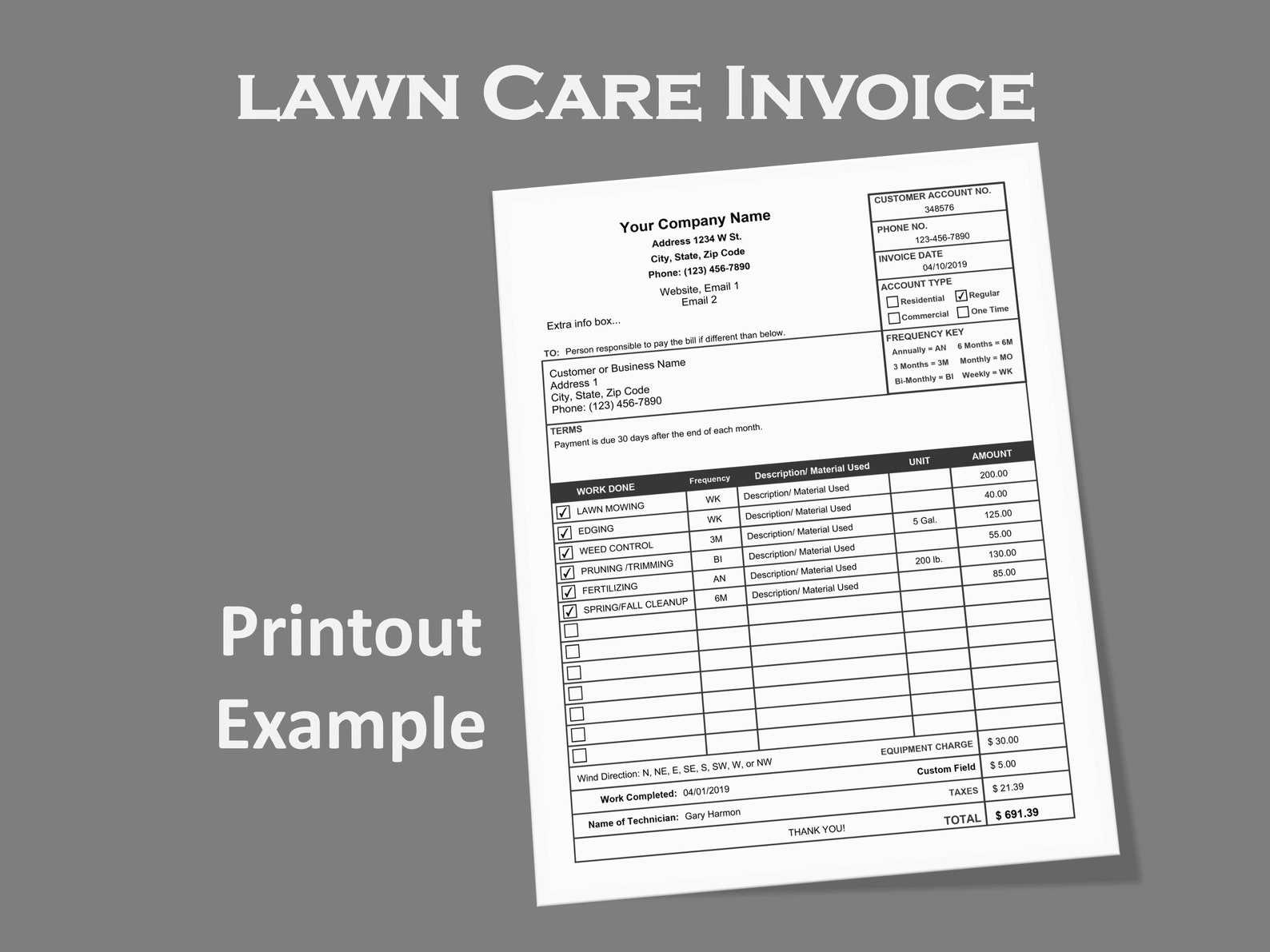 Lawn Care and Maintenance Invoice, Auto-calculating PDF Fillable Form ...