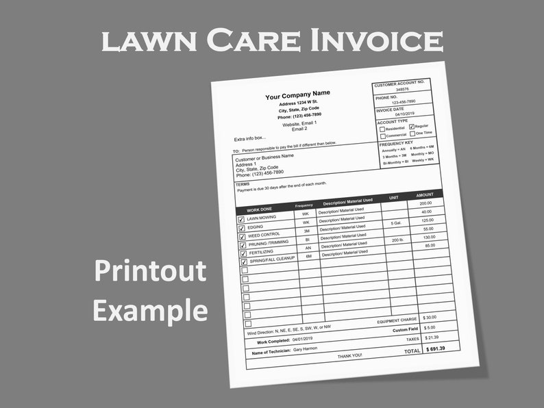Lawn Care and Maintenance Invoice, Auto-calculating PDF Fillable Form ...