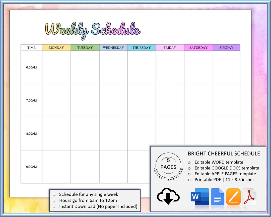 EDITABLE Weekly Schedule Template, WORD, Google Docs, Apple Pages ... EDITABLE Weekly Schedule Template, WORD, Google Docs, Apple Pages ...