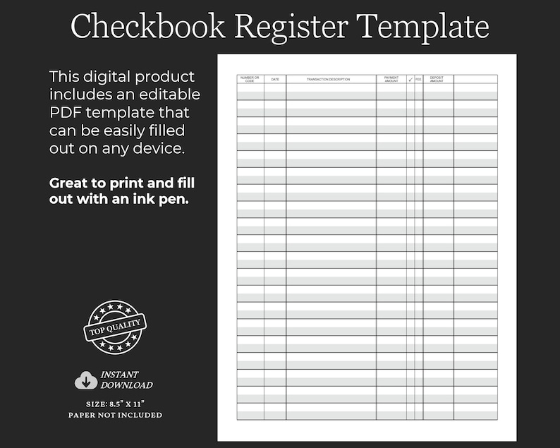 Printable Checkbook Register Template, Check Register Printable ...
