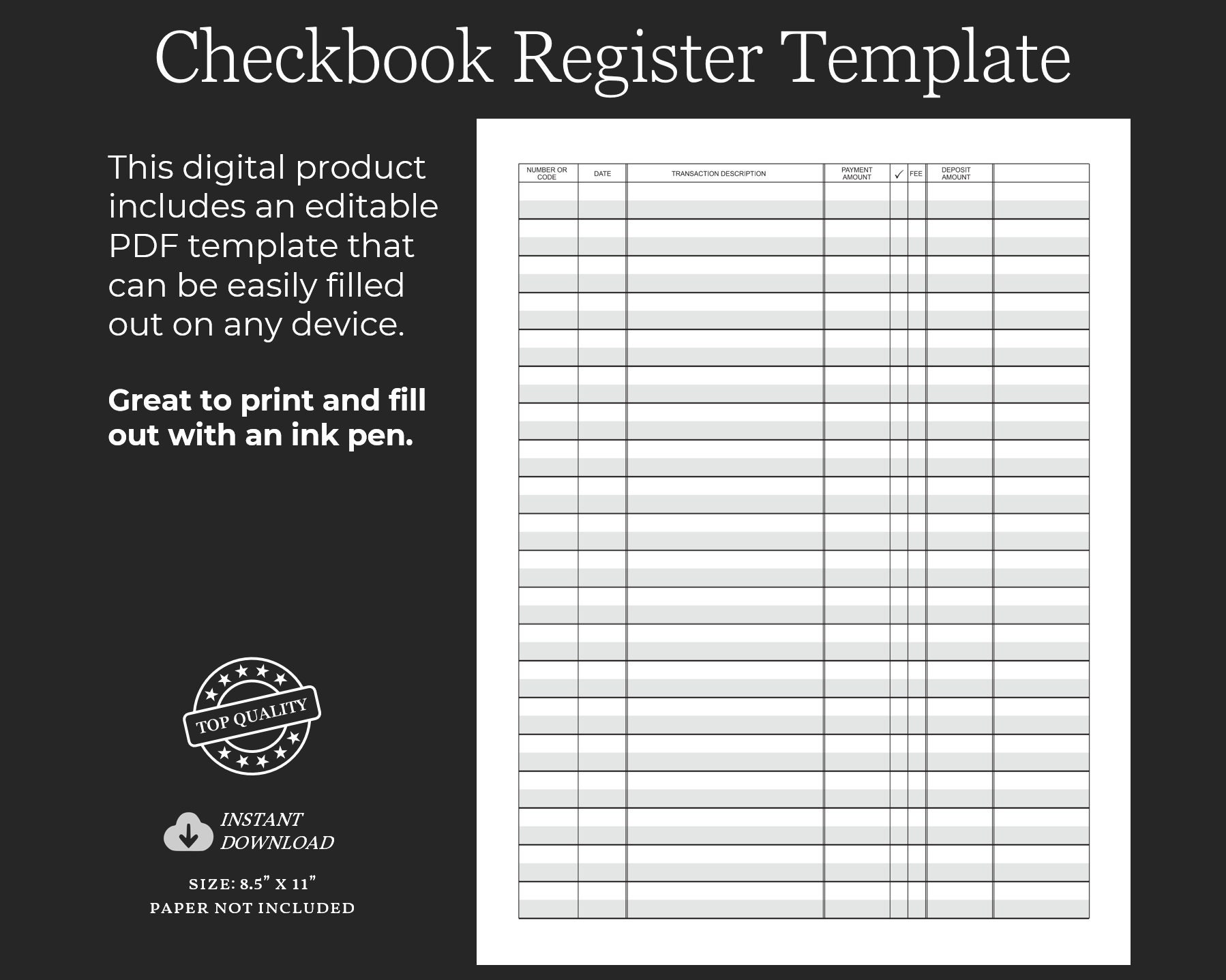 Printable Checkbook Register Template, Check Register Printable ...