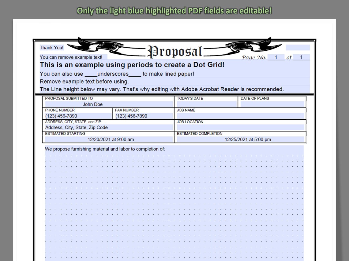 Proposal & Contract With OPEN Drawing Area Best Proposal - Etsy