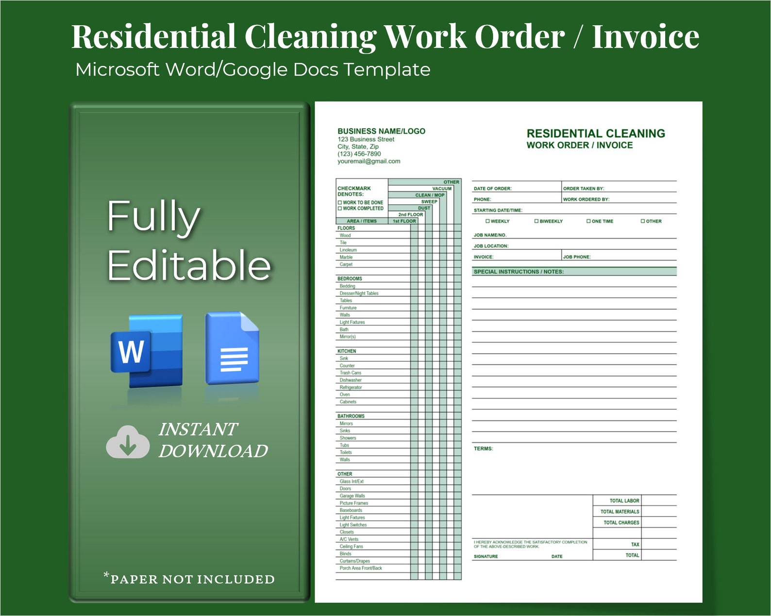 Residential Cleaning WORK ORDER / INVOICE, Cleaning Service Business ...