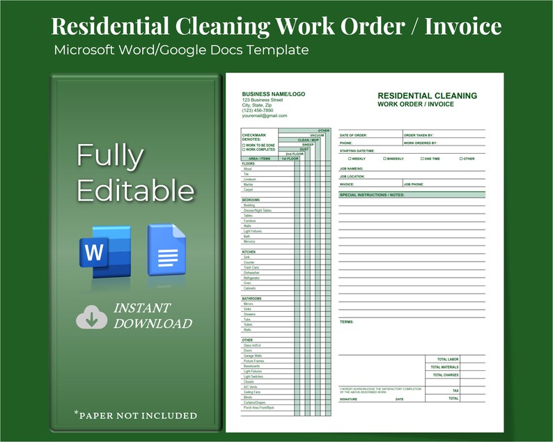 Residential Cleaning WORK ORDER / INVOICE, Cleaning Service Business ...