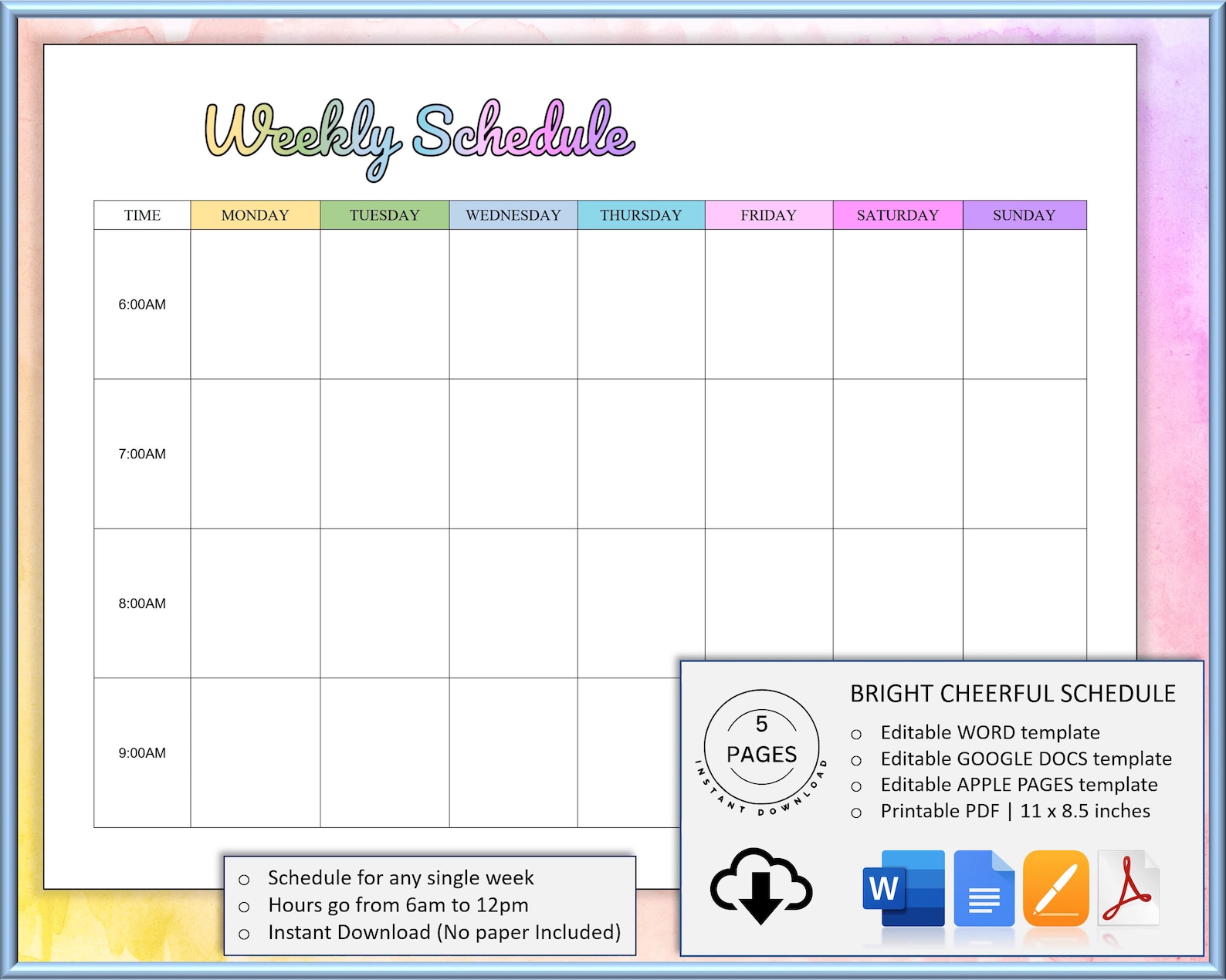 EDITABLE Weekly Schedule Template, WORD, Google Docs, Apple Pages ...
