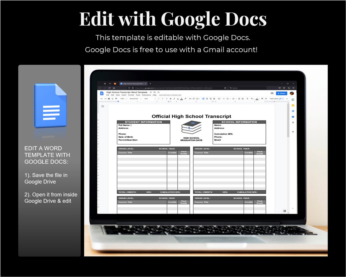 Editable High School Transcript Template, Fillable and Printable ...