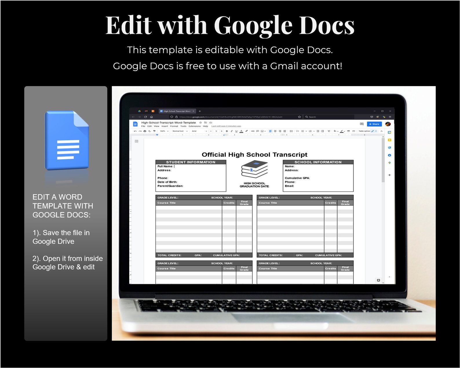 Editable High School Transcript Template, Fillable and Printable ...