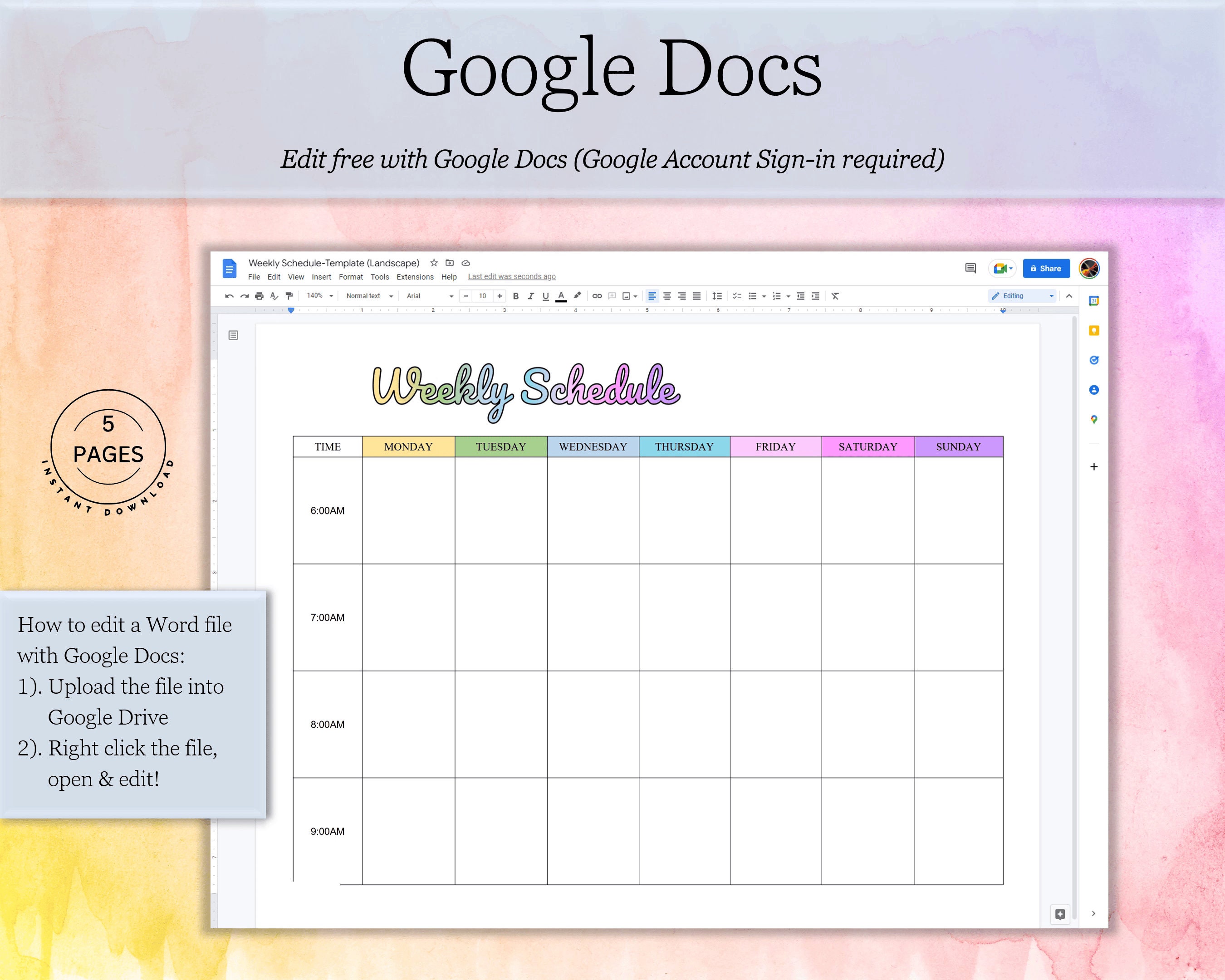 EDITABLE Weekly Schedule Template, WORD, Google Docs, Apple Pages ...