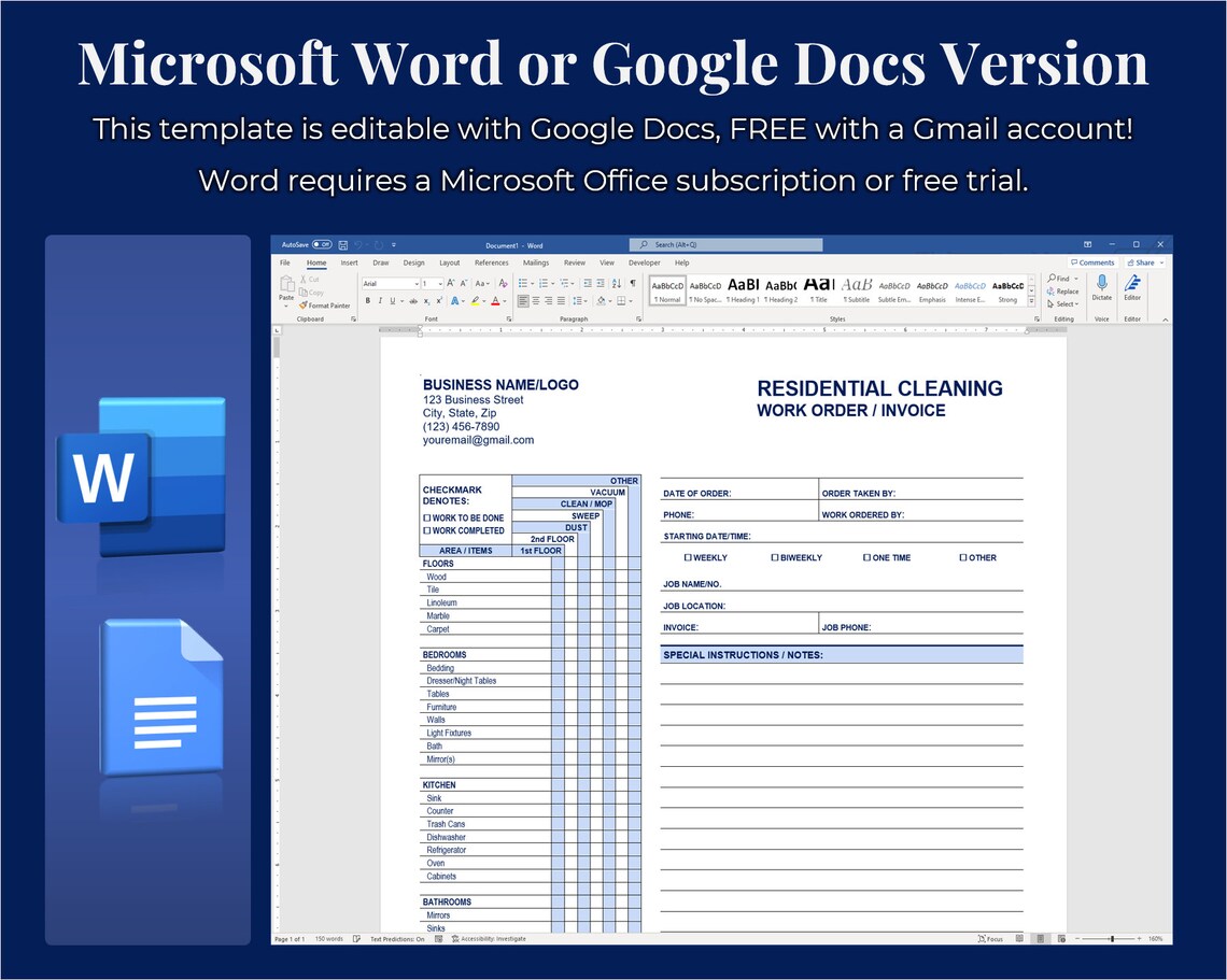 Residential Cleaning WORK ORDER / INVOICE, Cleaning Service Business ...