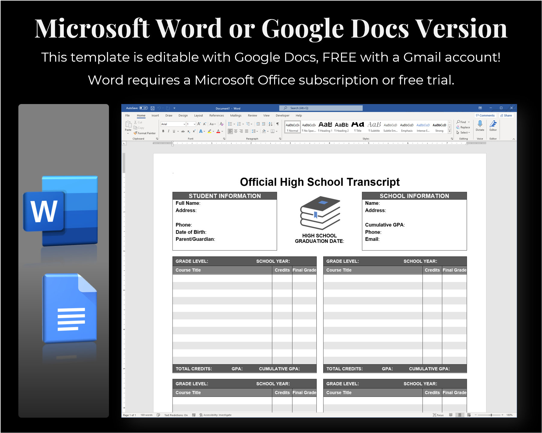 Editable High School Transcript Template, Fillable and Printable ...