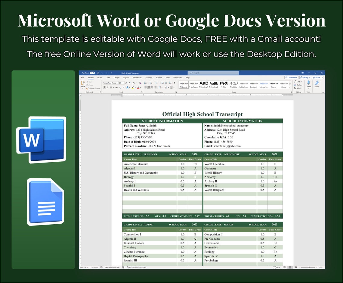 Homeschool High School Transcript Template Google Docs, Home School ...