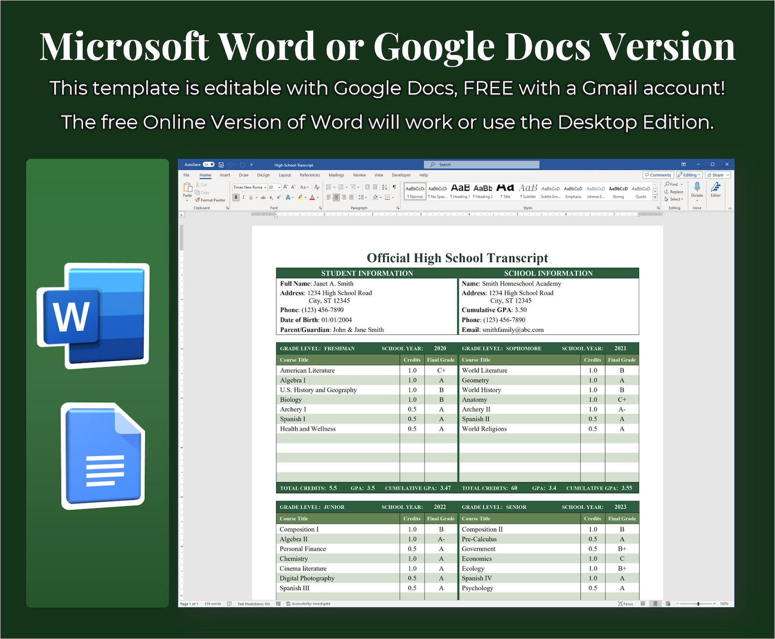 Homeschool High School Transcript Template Google Docs, Home School ...
