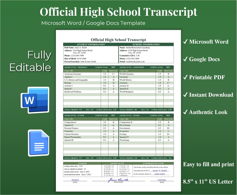 Homeschool High School Transcript Template Google Docs, Home School ...