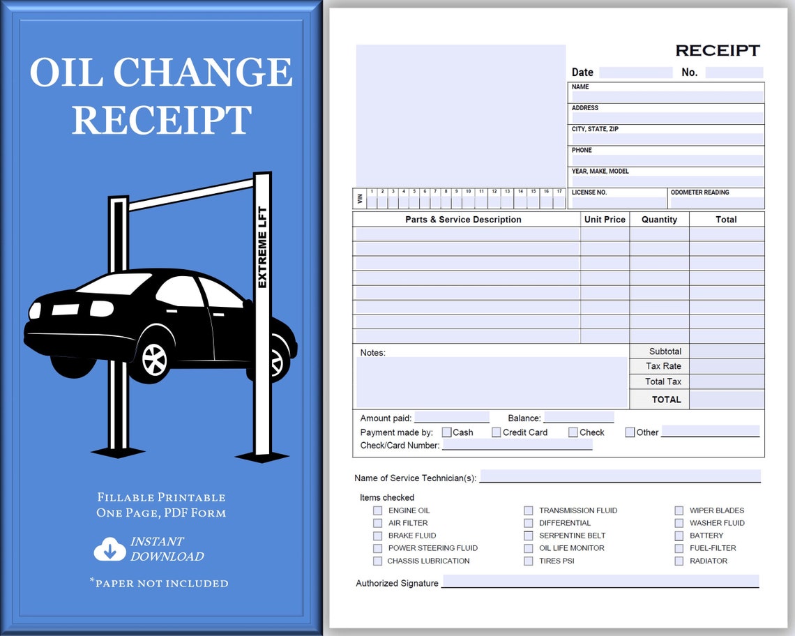Oil Change Receipt, Automotive Service Invoice, Editable PDF Auto ...