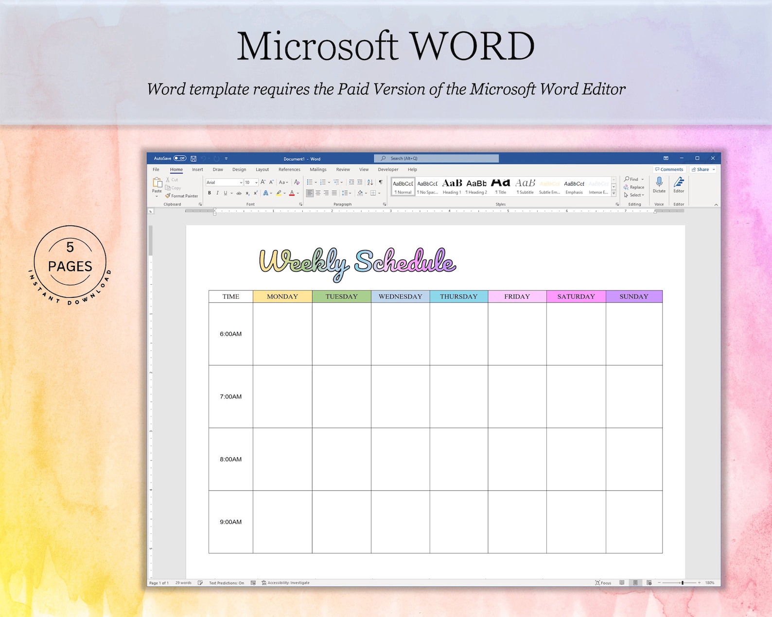 EDITABLE Weekly Schedule Template, WORD, Google Docs, Apple Pages ...