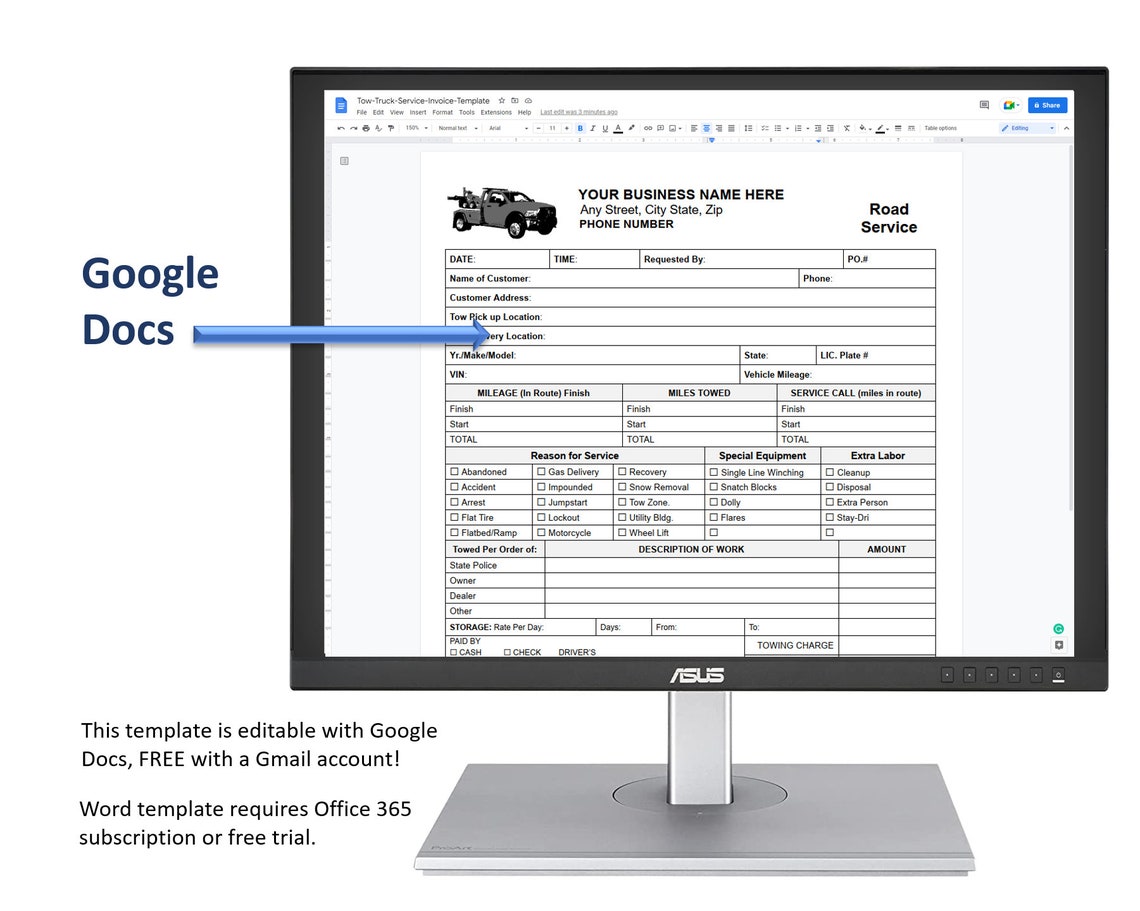 Towing Invoice, Tow Truck Service Invoice, Wrecker Service Invoice ...