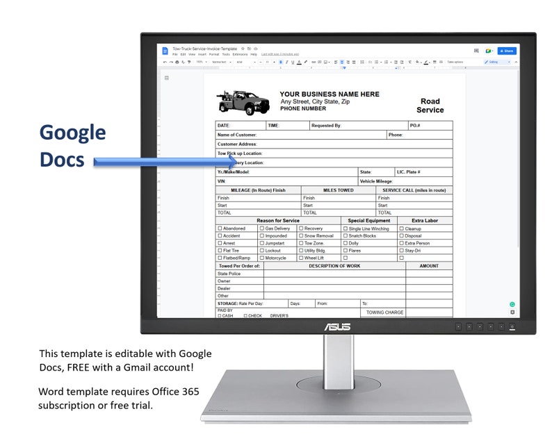 Towing Invoice, Tow Truck Service Invoice, Wrecker Service Invoice ...