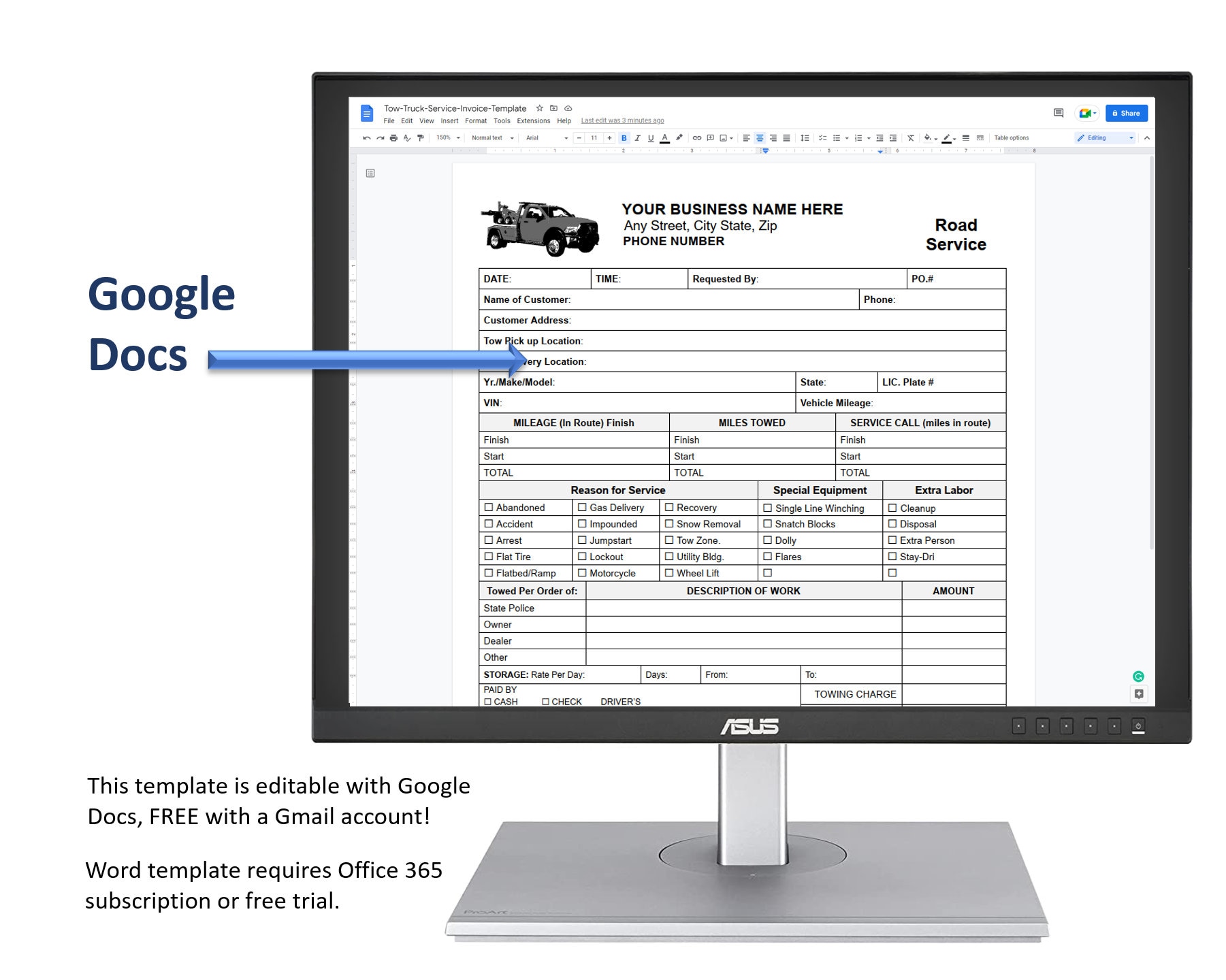 Towing Invoice, Tow Truck Service Invoice, Wrecker Service Invoice ...