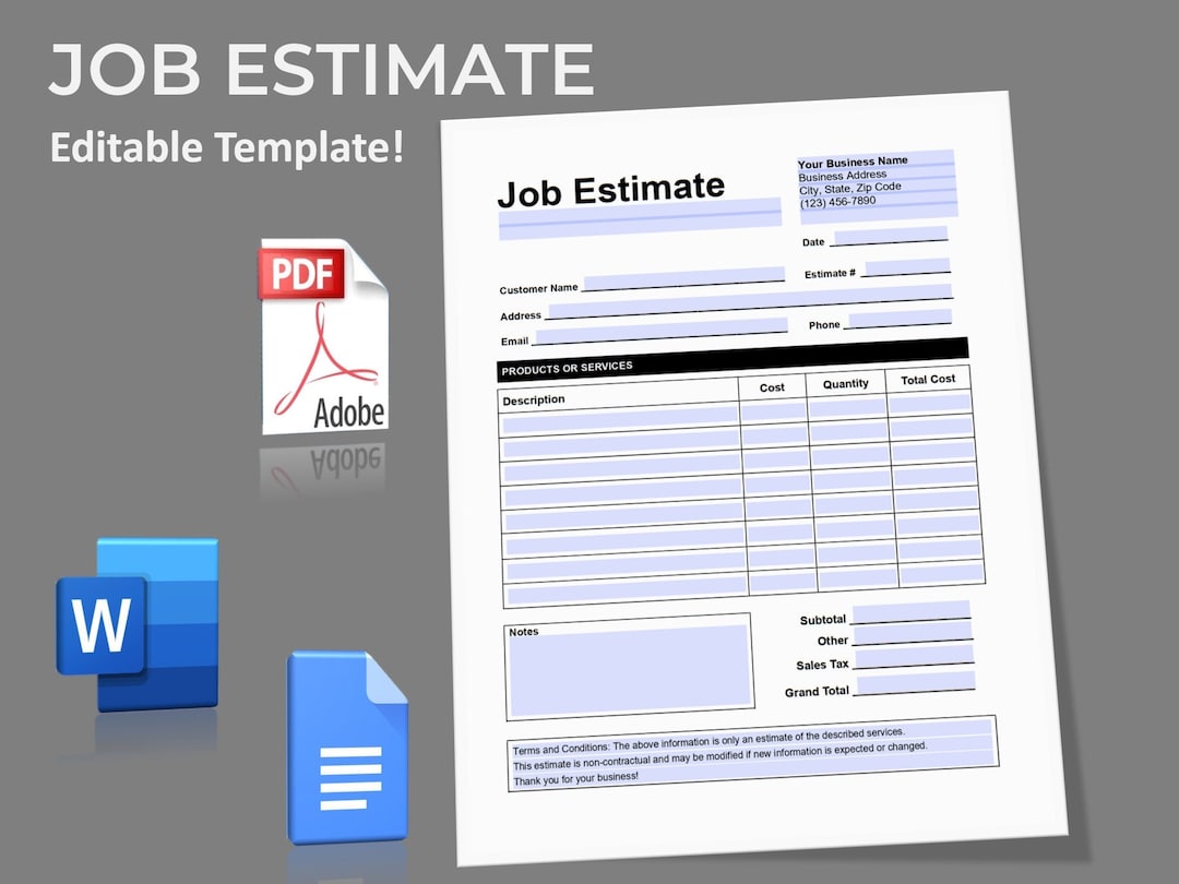 Job Estimate, Fillable PDF, Google Docs, Microsoft Word, Contractors ...