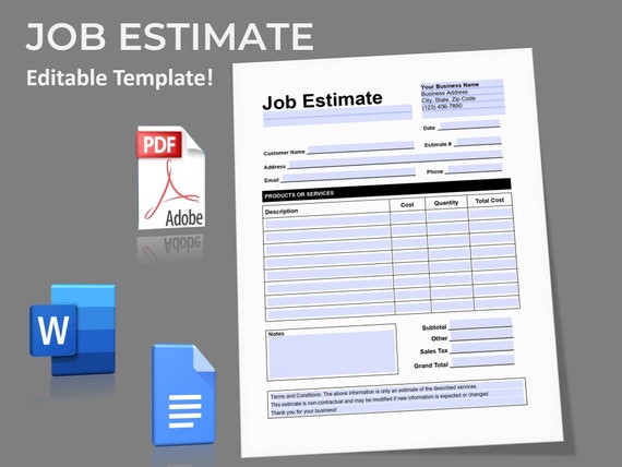 Job Estimate Fillable PDF Google Docs Microsoft Word - Etsy