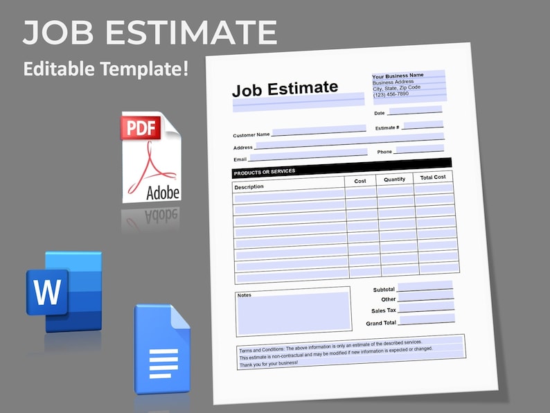 Job Estimate, Fillable PDF, Google Docs, Microsoft Word, Contractors ...