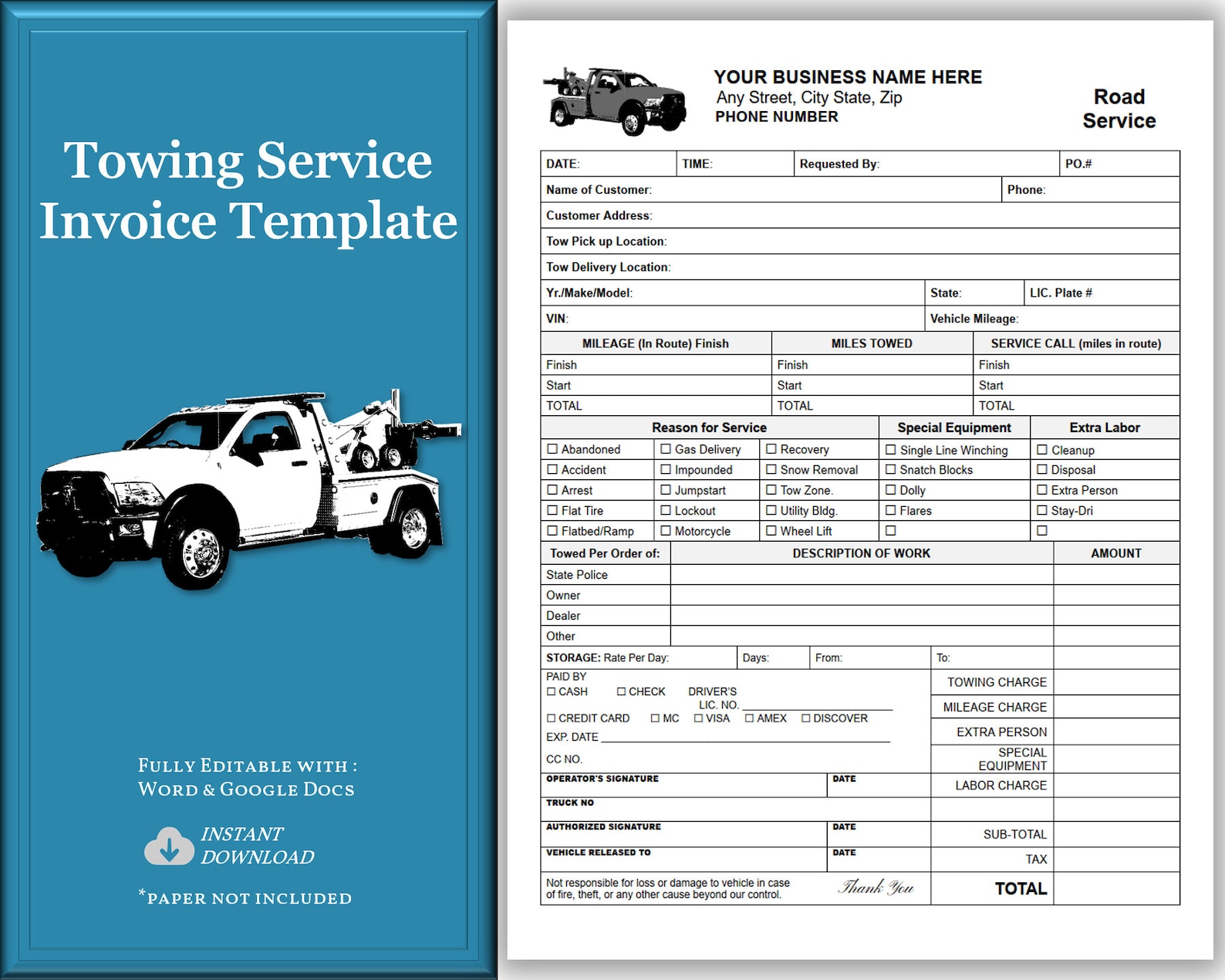 Towing Invoice, Tow Truck Service Invoice, Wrecker Service Invoice ...
