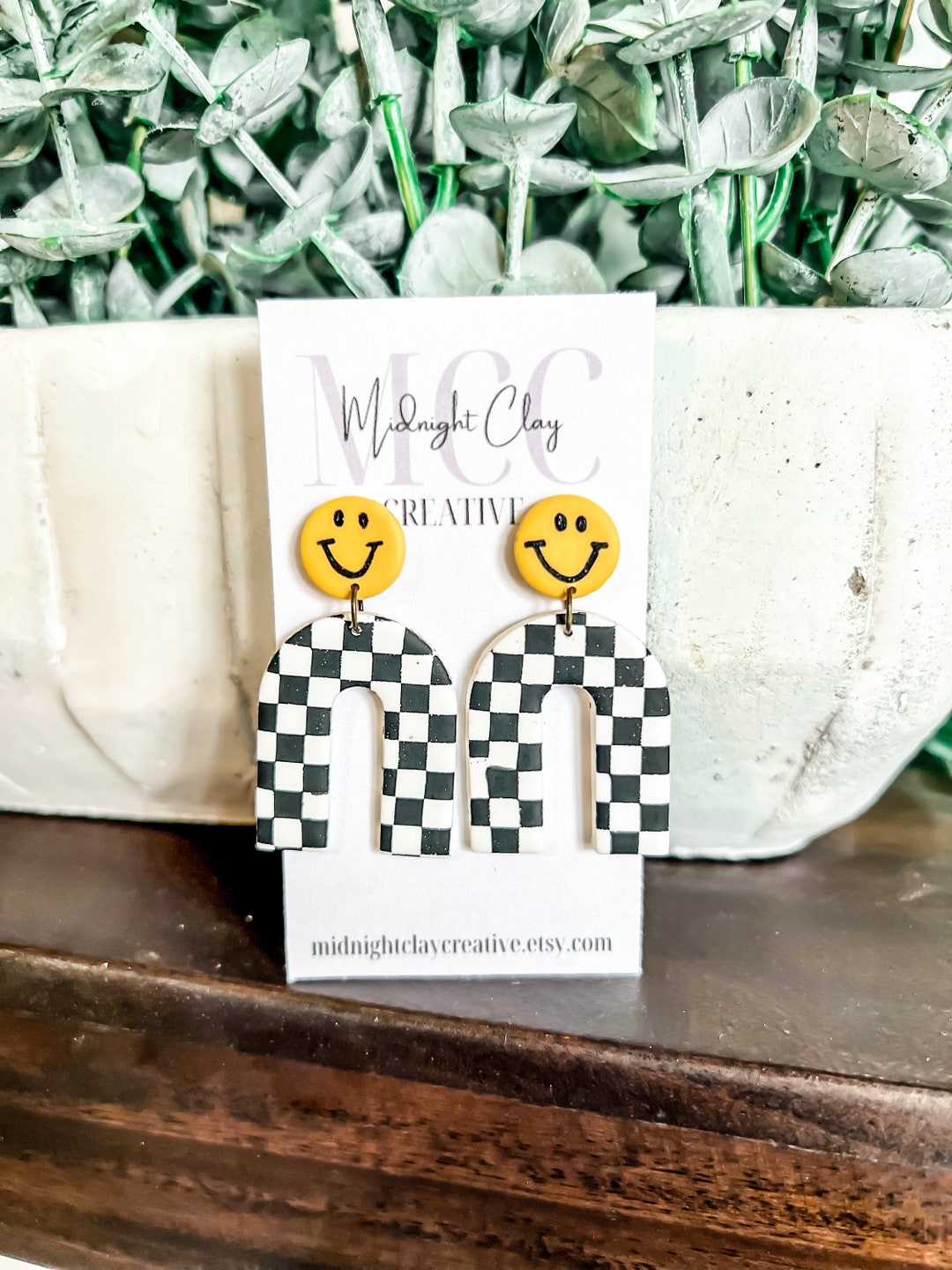 Checkered Smiley Face Arch Earrings - Etsy