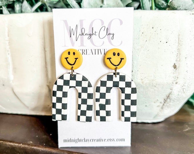 Checkered Smiley Face Arch Earrings - Etsy