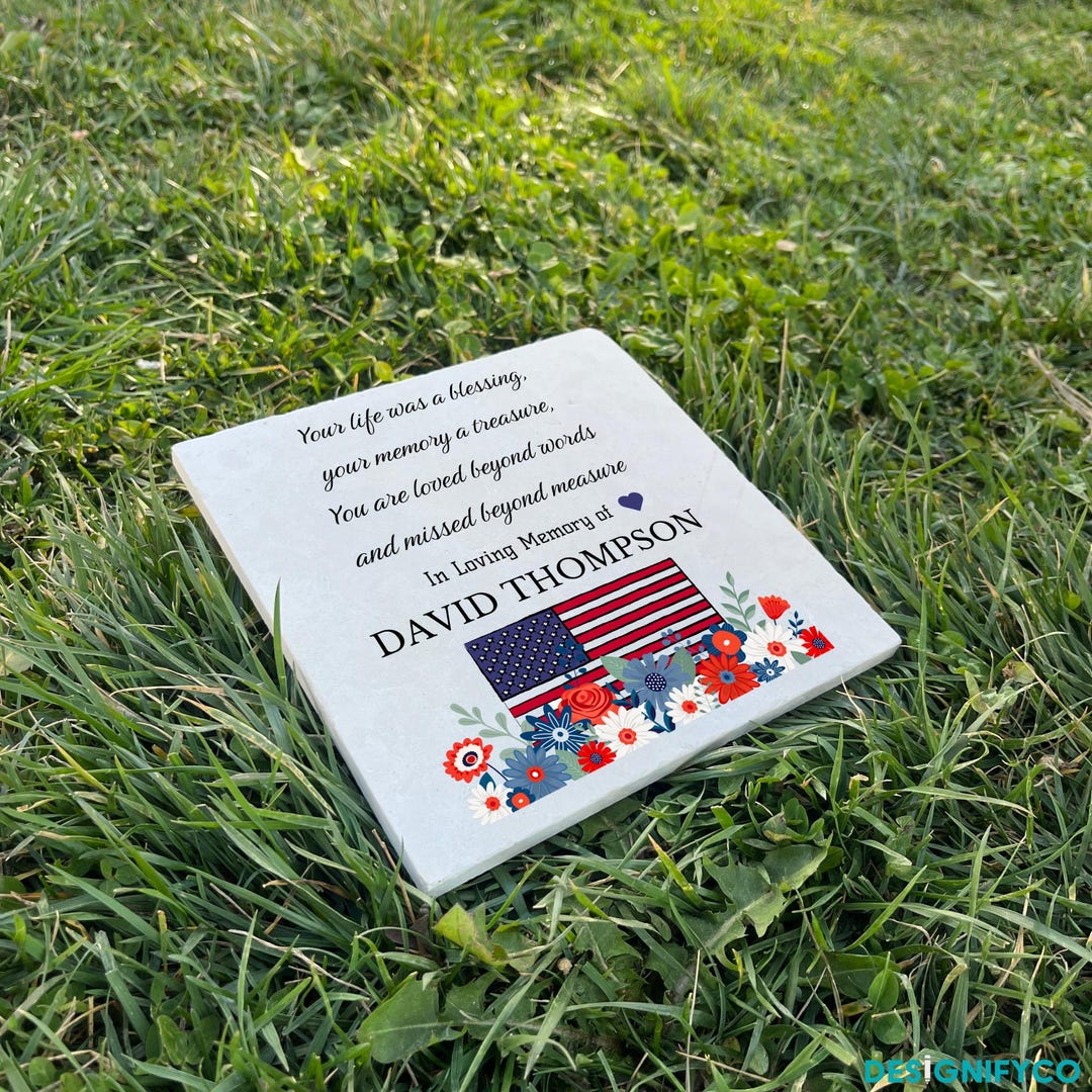 Veteran Memorial Stone With USA Flag – UV Printed Limestone Plaque ...