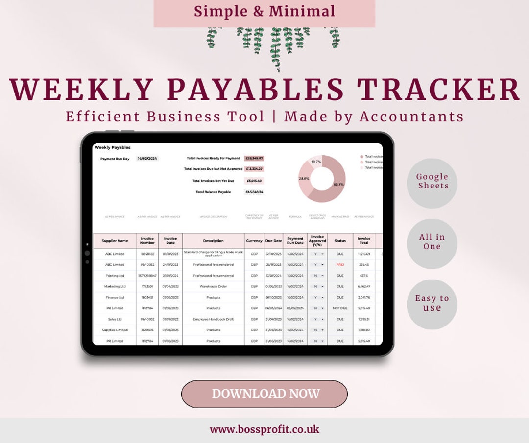 Weekly Payables Tracker | Supplier Invoice Spreadsheet | Business ...