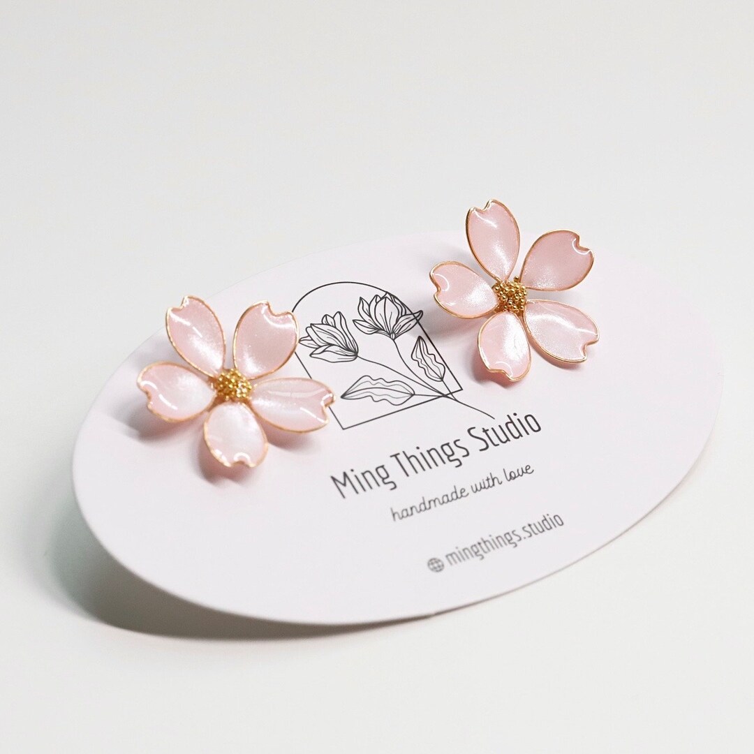 Handmade Wire Resin Cherry Blossom Pearlescent Stud Earrings, Floral Romantic Pink Sakura Stud ...