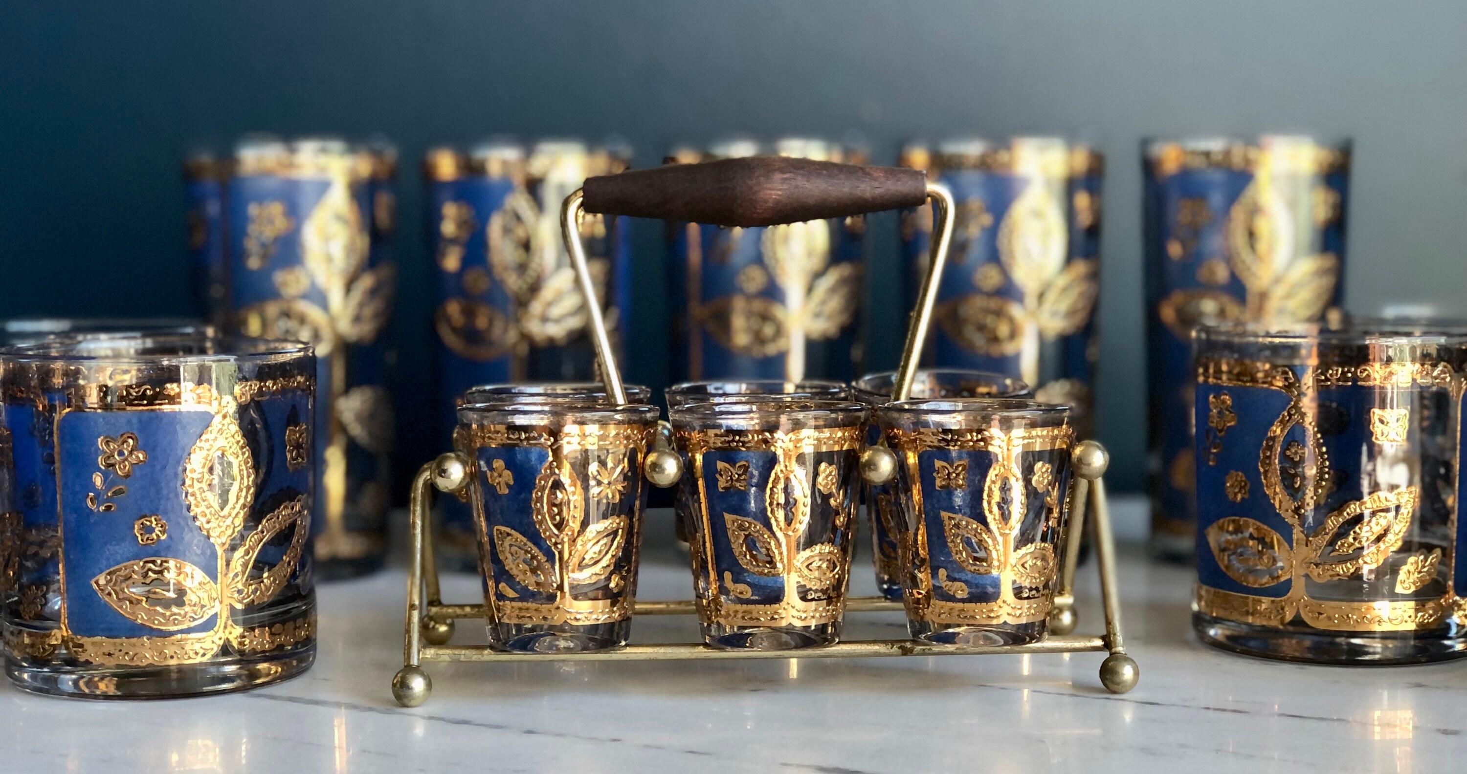 RARE Culver Blue & 22K Gold Leaf Set (20) Vintage Midcentury Urban Chic ...