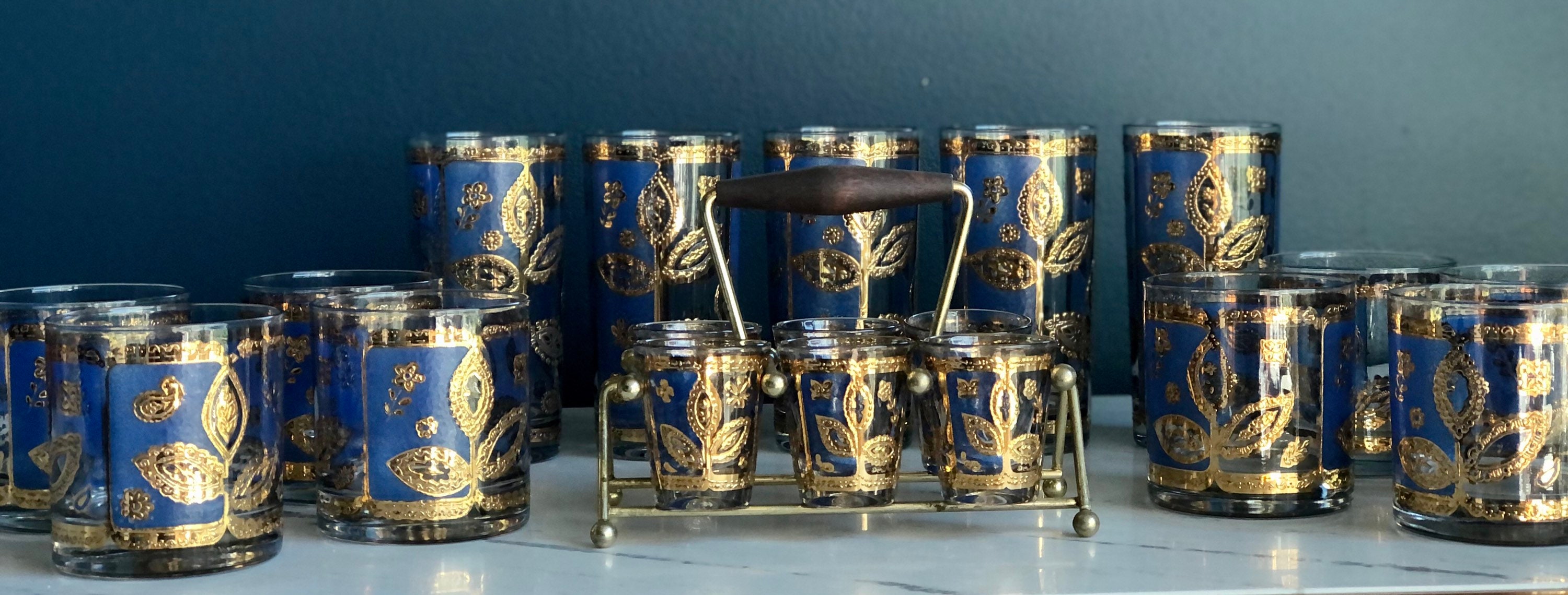 RARE Culver Blue & 22K Gold Leaf Set (20) Vintage Midcentury Urban Chic ...