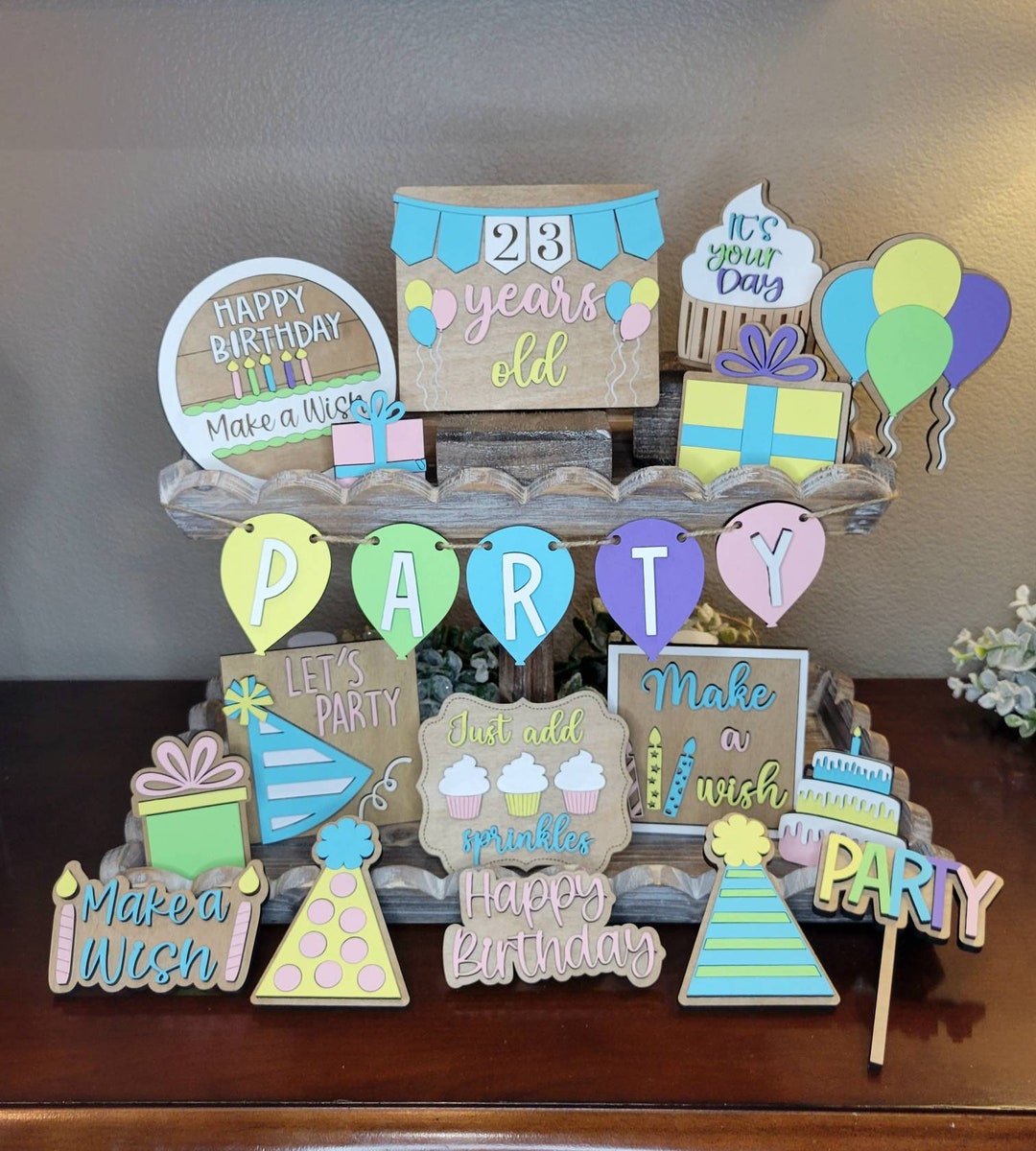 Birthday Tiered Tray Decor Set: Handmade Wooden Party Signs - Etsy
