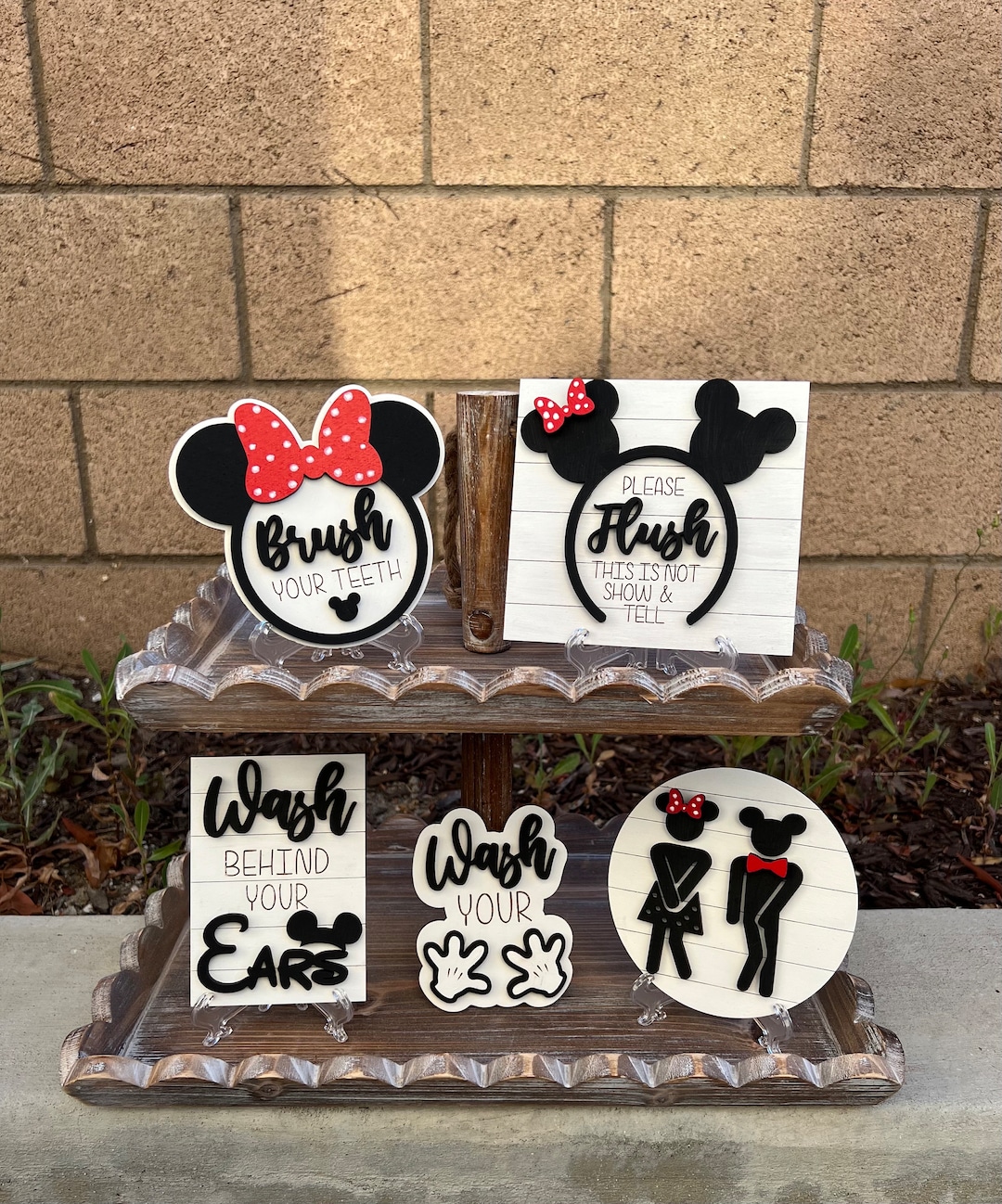 Disney Kids Bathroom Tiered Tray Decor | Wash Flush Brush Sign Set ...