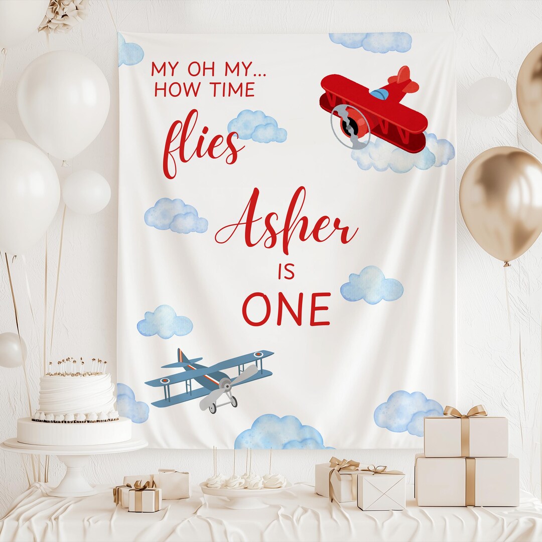 Time Flies First Birthday Banner Airplane Party Backdrop Boy Birthday ...