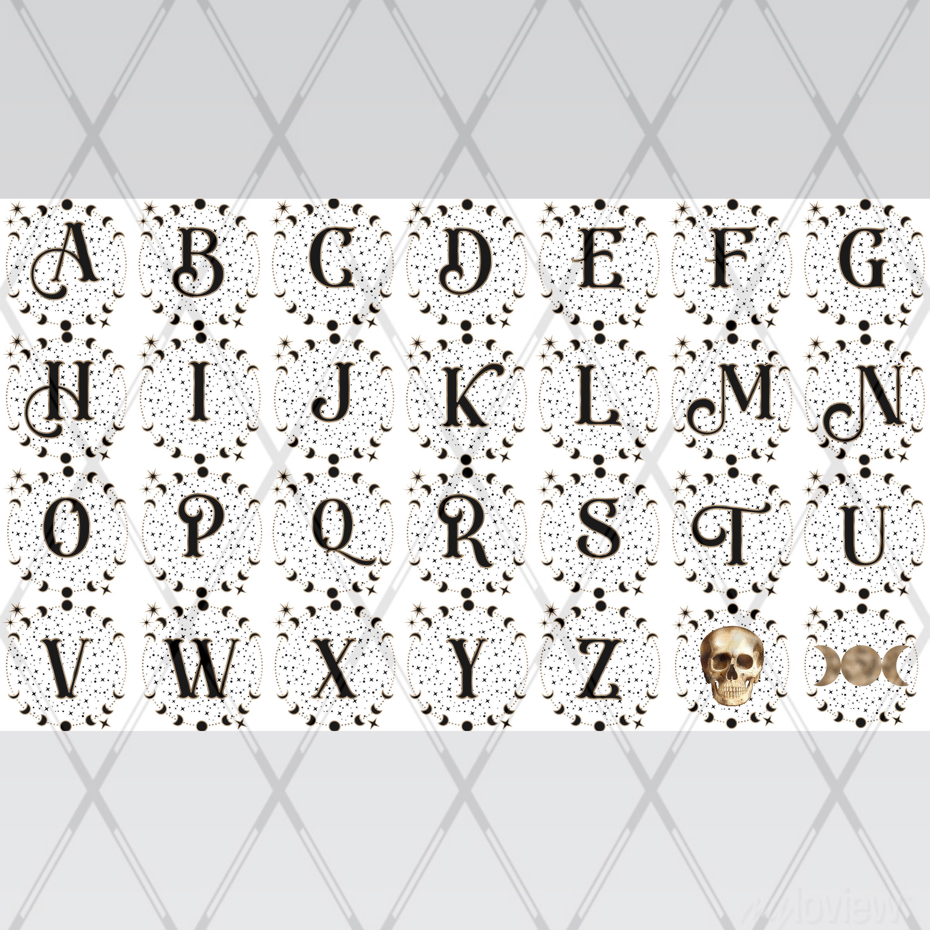 Celestial Black & Gold Moon Skull Letters Alphabet Bundle Graphics Png ...