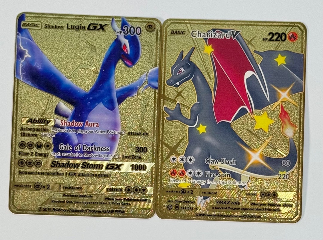 Gold Metal Pokemon Cards Shadow Lugia GX / Shiny Charizard V - Etsy UK