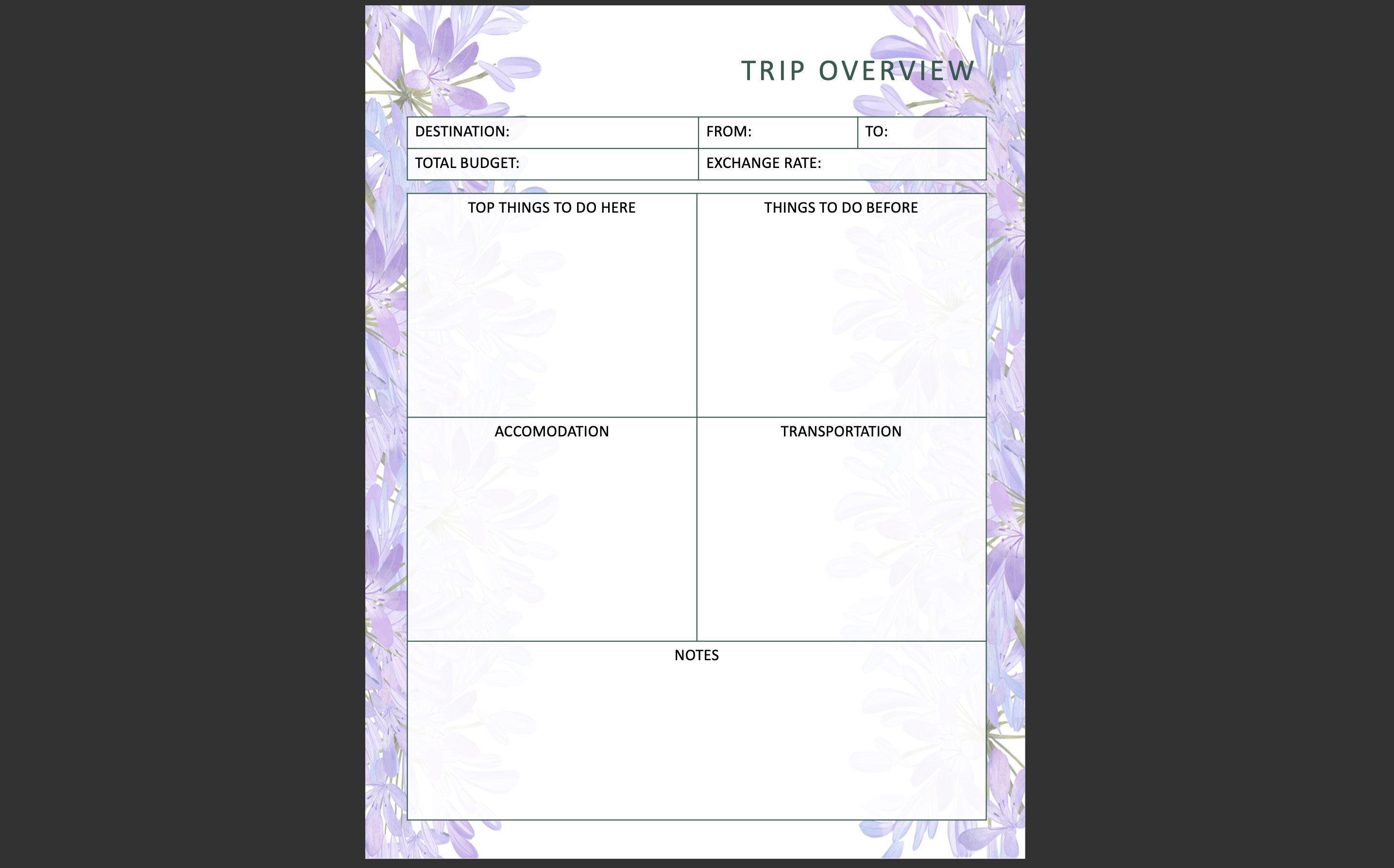 Printable Trip Overview Planner Page - Etsy