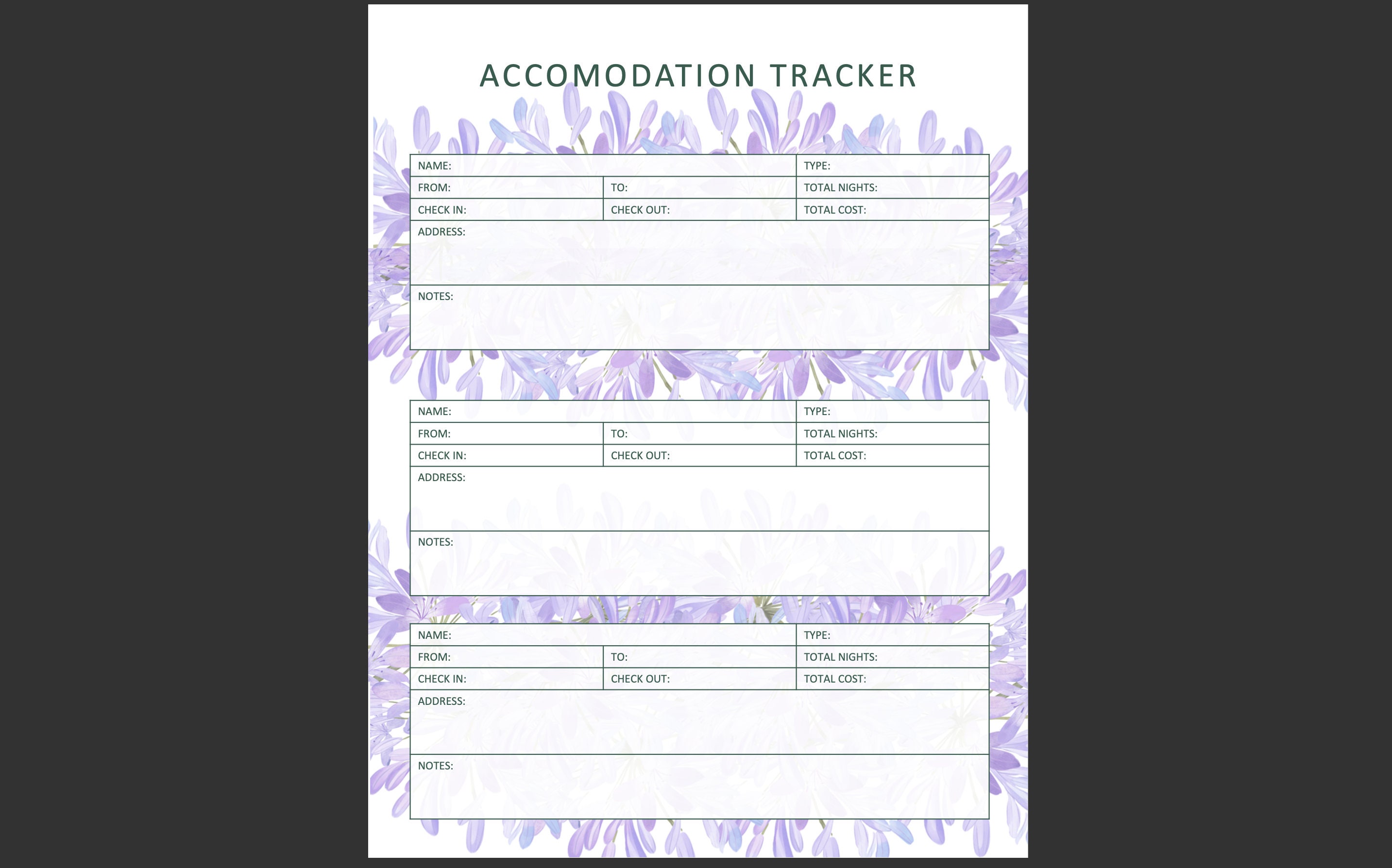 Printable Accommodation Tracker - Etsy