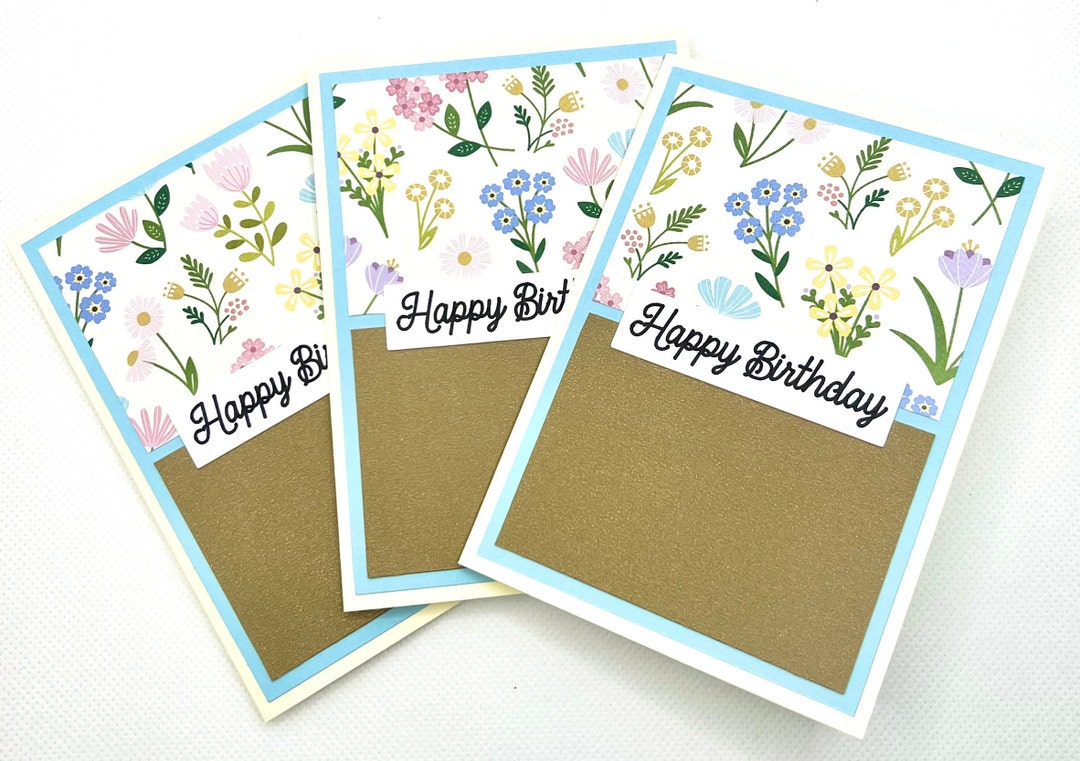 Gold and Spring Floral Birthday Cards, Cute Handmade Set of 3 Blank A1 ...