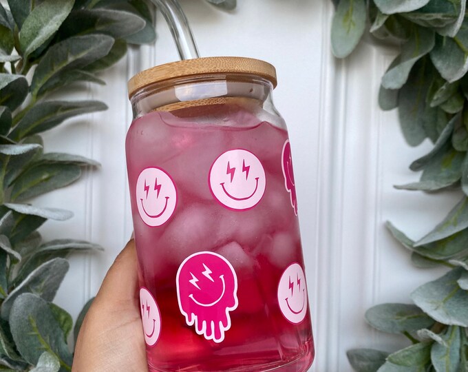 Smiley Face Preppy Glass Cup - Etsy