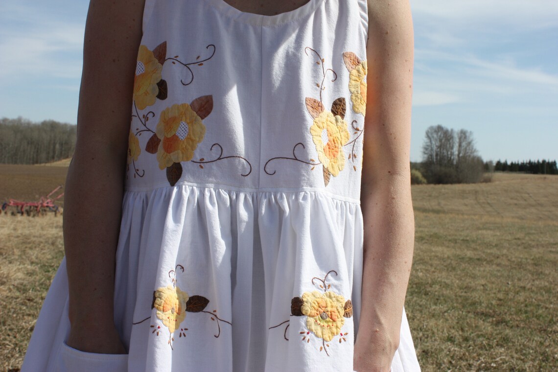 Tablecloth Dress, Cotton, Repurposed, Embroidered Flowers, Sleeveless ...