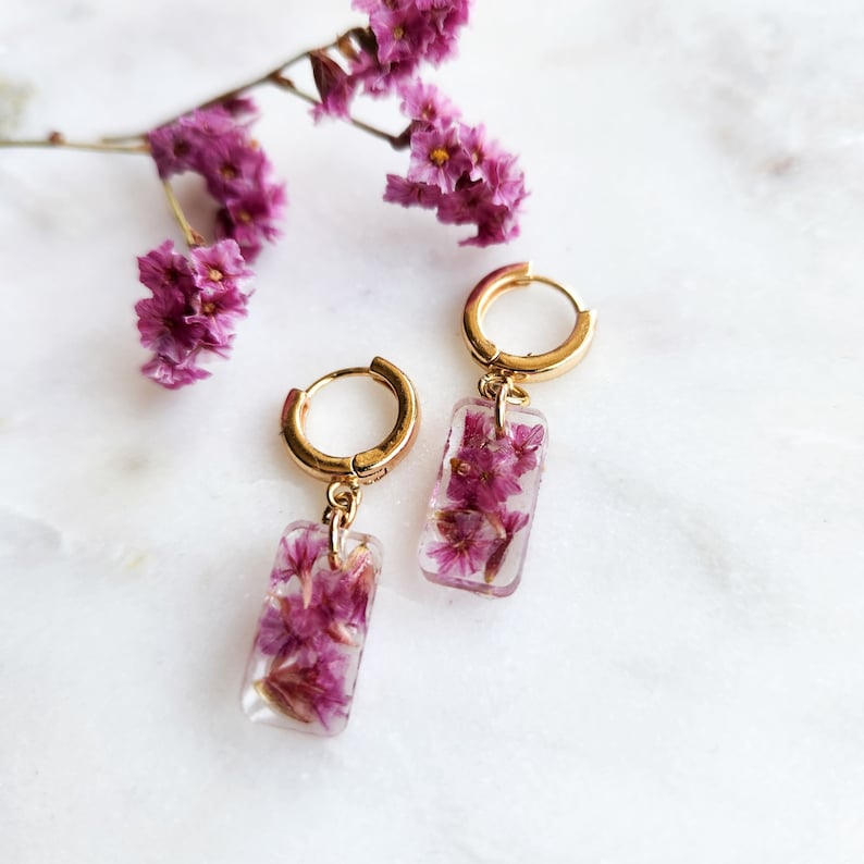 Pink Misty Flower Huggies Real Flower Earrings Huggie Pendant Earrings ...