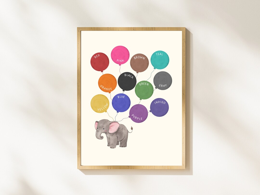 Colors Print, Educational Poster, Elephant With Colorful Balloons ...