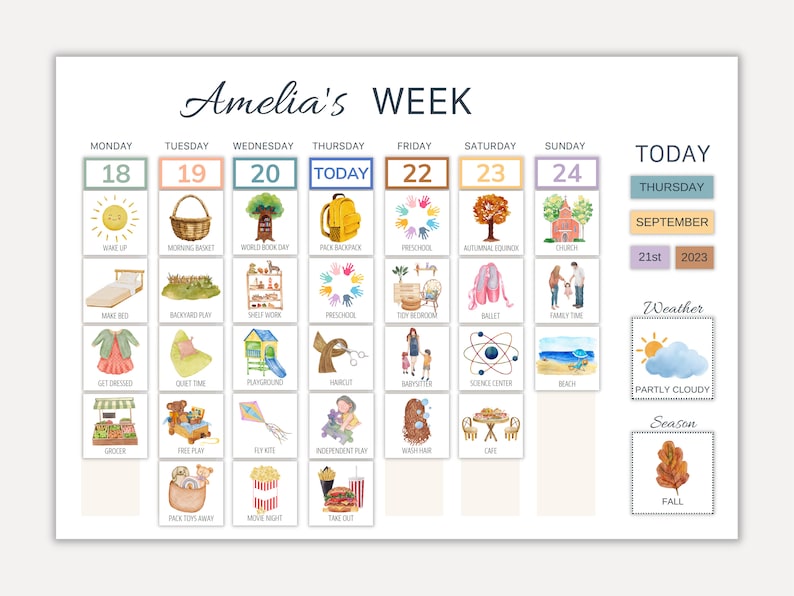 Tarjetas y gráficos de rutinas semanales para niños/Calendario visual ...