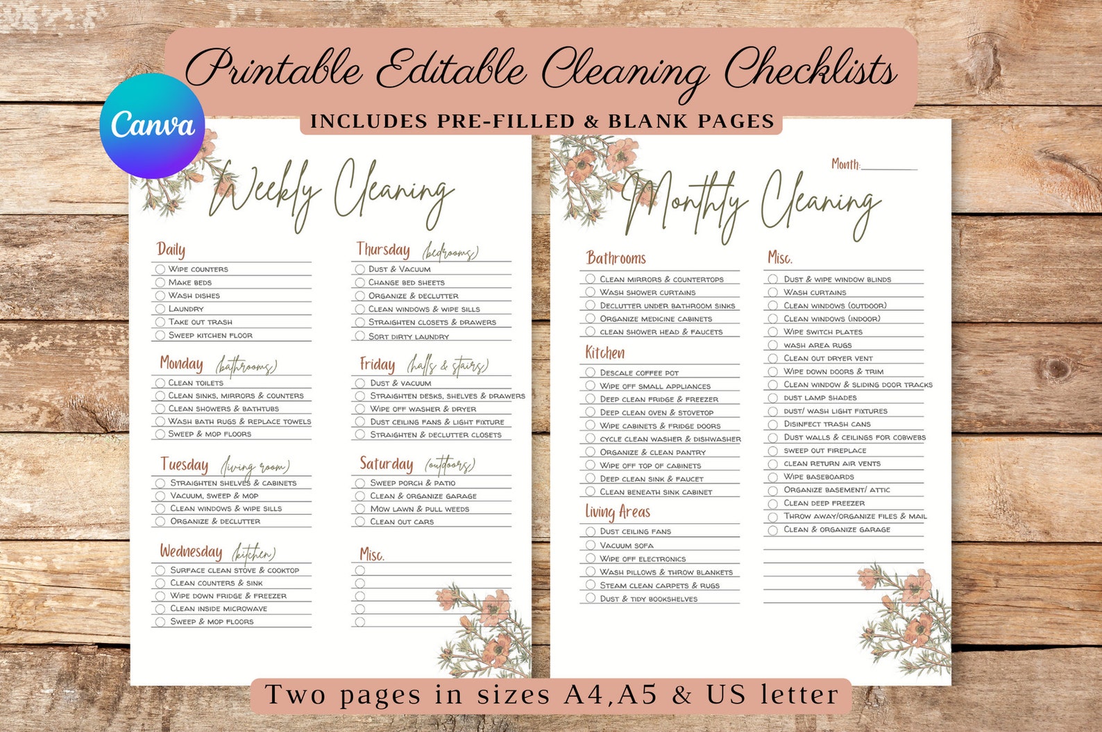 EDITABLE Printable Cleaning Checklist Editable Downloadable Cleaning ...