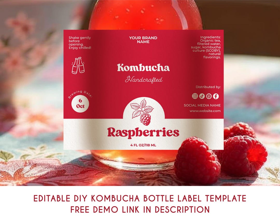 Editable Kombucha Bottle Label Template, Printable Modern Kombucha Bottle Sticker, Custom ...